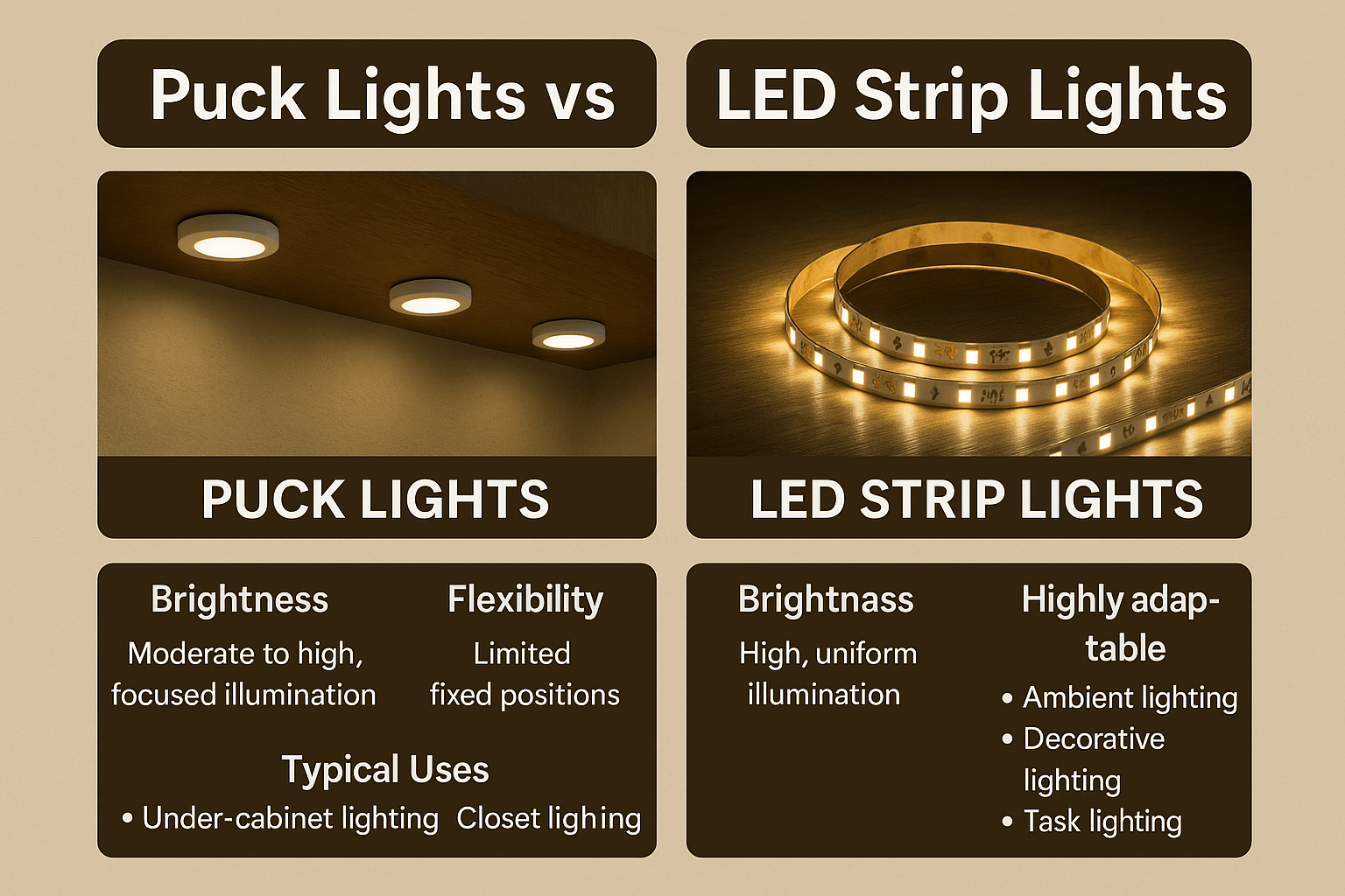 Puck Lights vs LED Strip Lights: Clear Comparison on Brightness ...